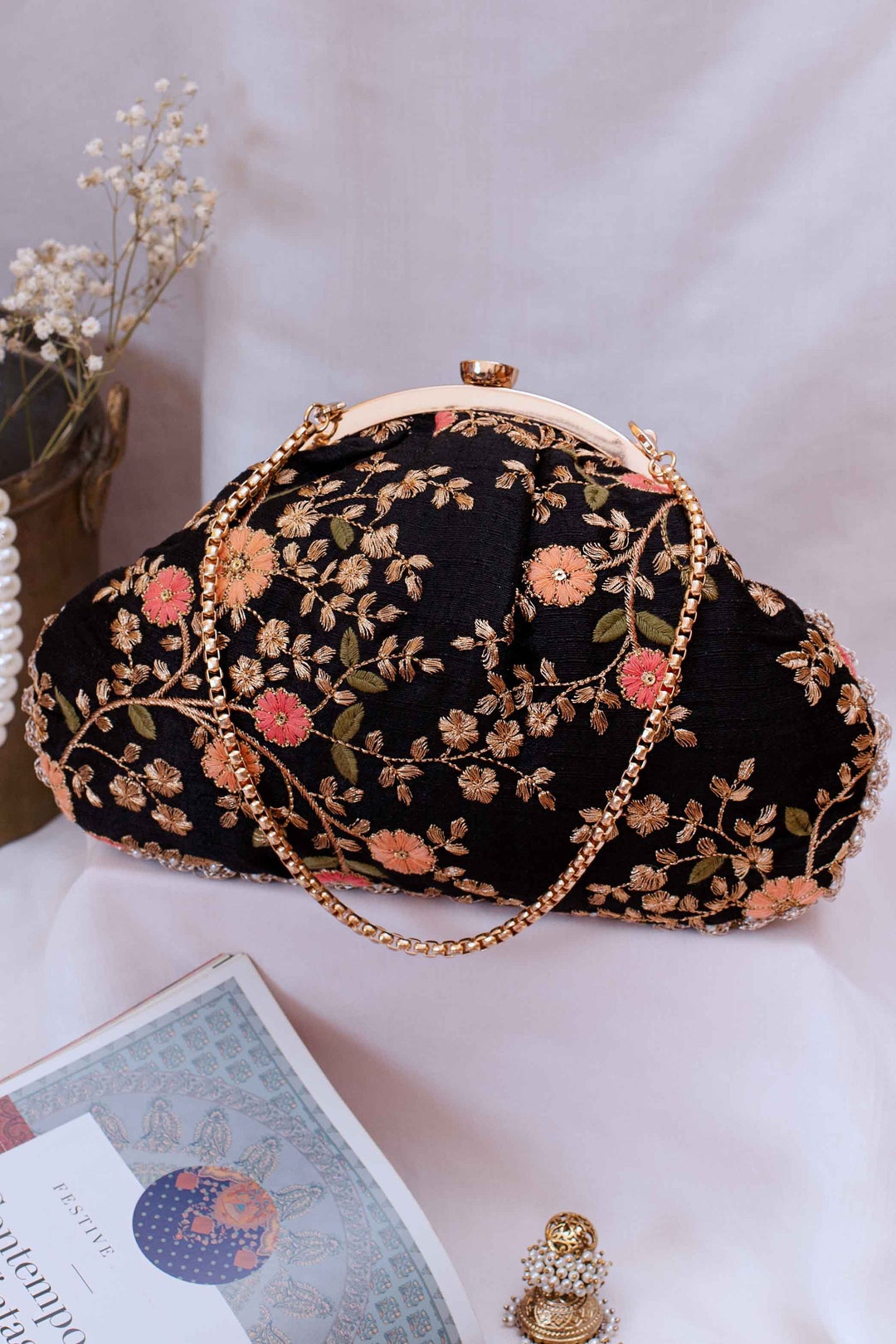 Floral Creeper Vintage Purse Black, Embroidered Floral Silk Designer ...