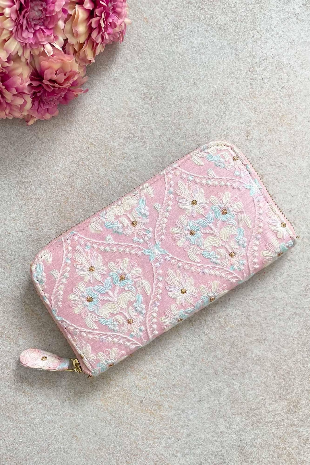 Anaqat Silk Embroidered Wallet - Baby Pink, Floral Purse, Wallet Women ...