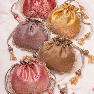 Kashi Pure Banarasi Silk Potli Dark Pink, Banarasi Silk Bag, Wedding ...