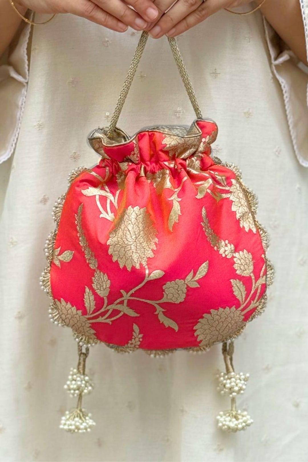 Satrangi Banarasi Potli - Coral Pink, Indian Bag, Designer Wear Potli ...