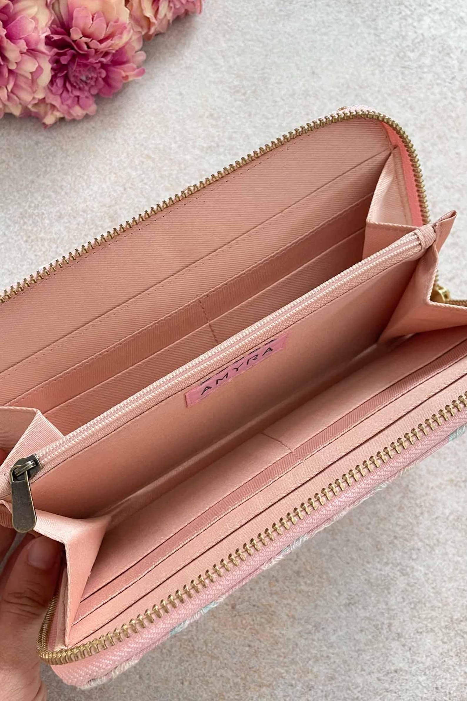 Anaqat Silk Embroidered Wallet - Baby Pink, Floral Purse, Wallet Women ...