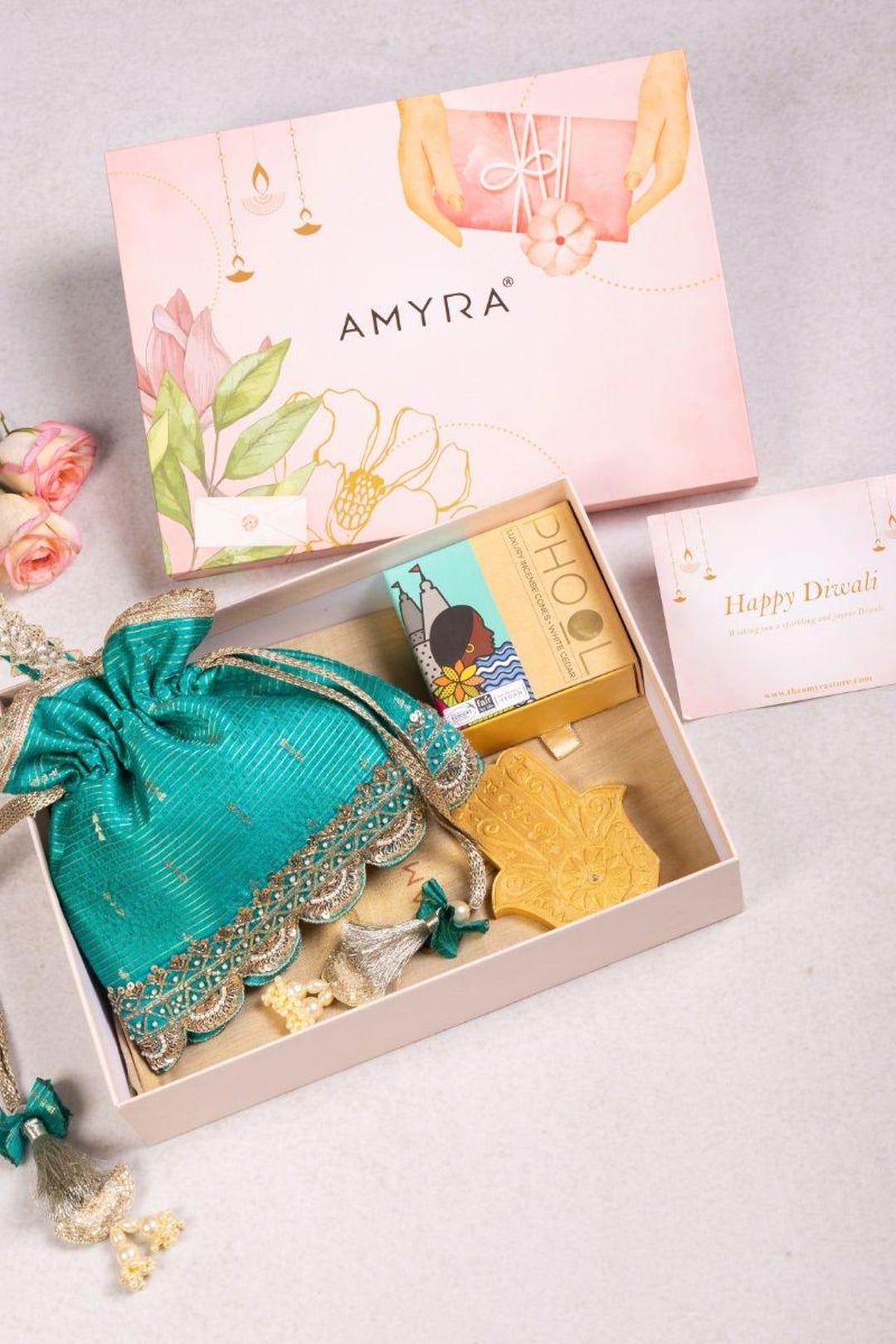 Diwali Hamper - Tari Turquoise Potli - Home and Aroma Box, Diwali Gift ...