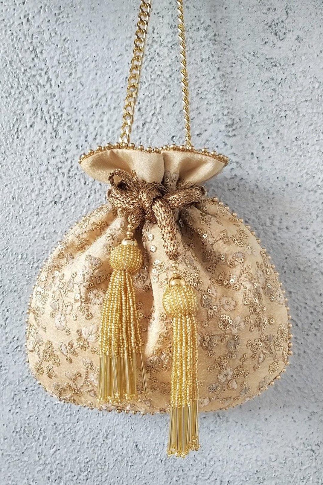 Gold Floral Potli Bag With Metal Sling Embroidered Potli, Wedding Gift ...