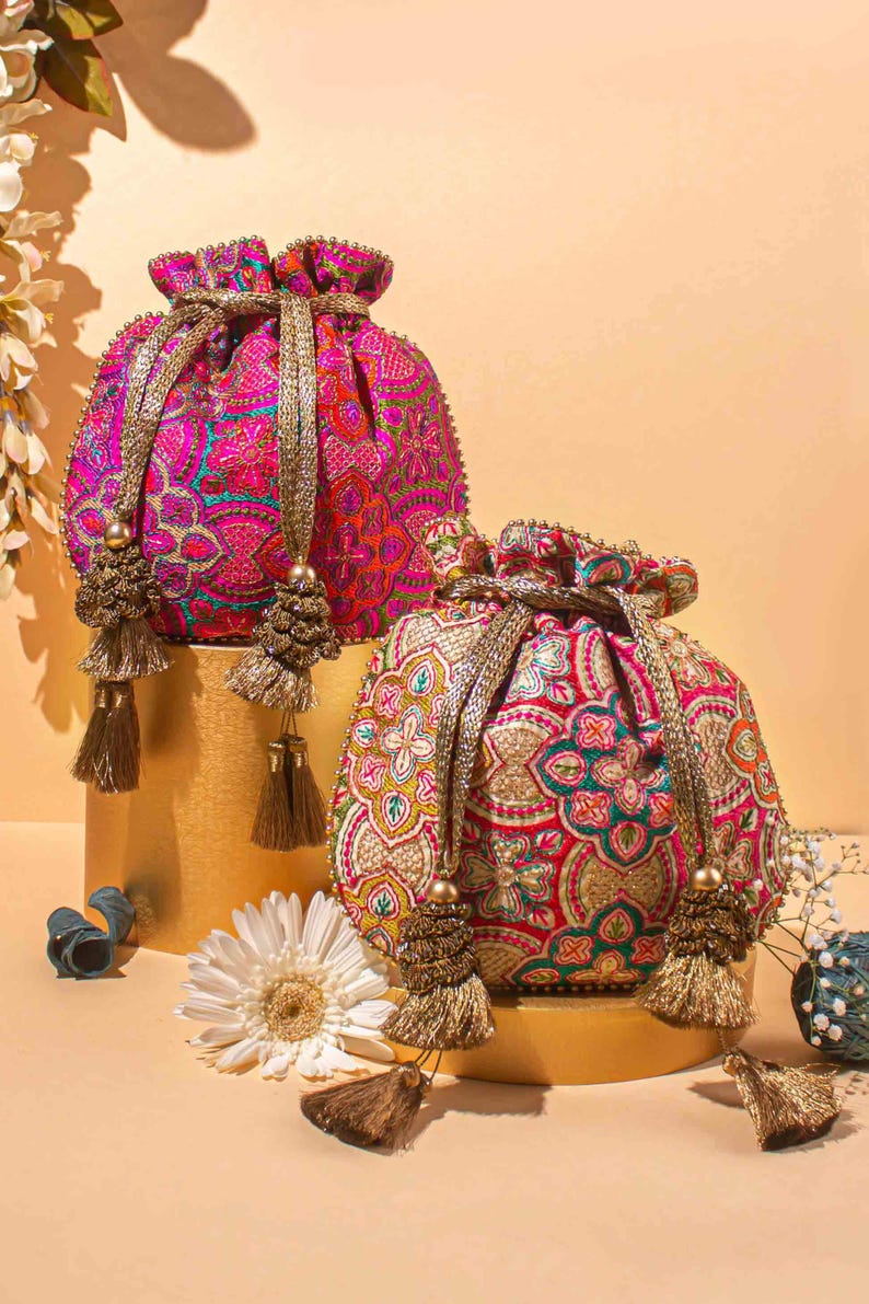 Amna Embroidered Bridal Potli Bag - Pink Silk, Kutch Floral, Festive ...
