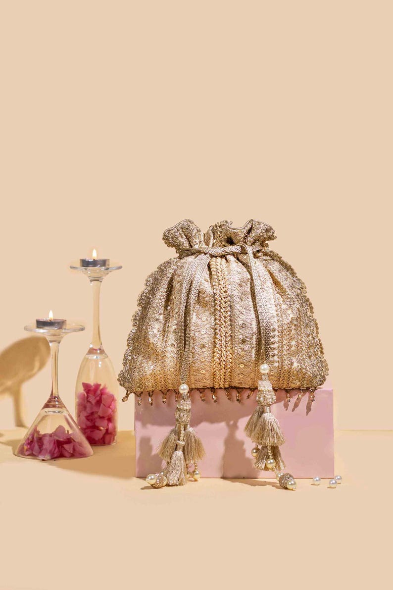 Naaz Potli - Gold, Diwali Potli Pouch, Zari & Pearl Embroidered Silk ...
