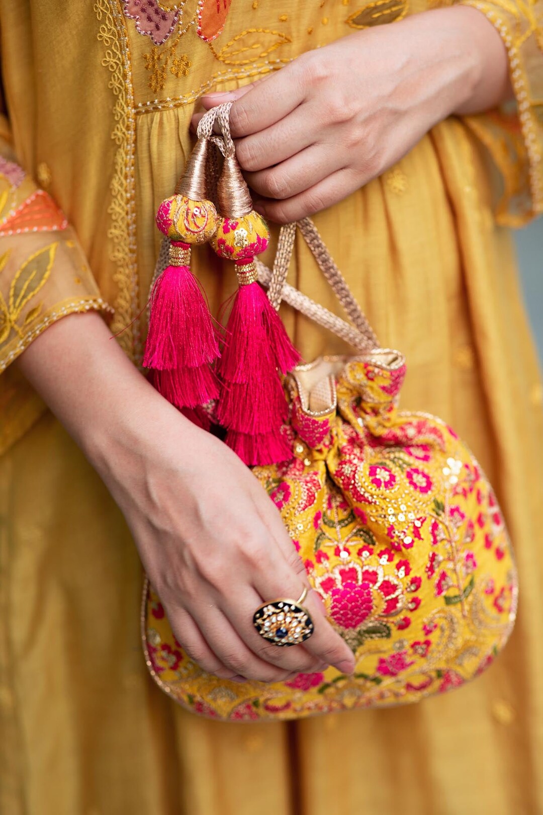 Alanna Mustard Potli, Haldi Bags, Embroidered Handbag, Diwali Party ...
