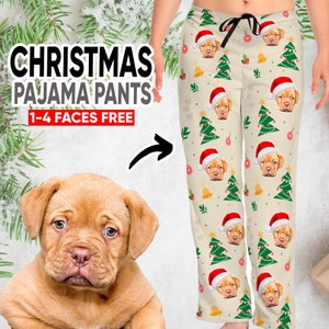 Custom Dog Christmas Pajama Pants, Dog Face With Christmas Hat Pajamas ...