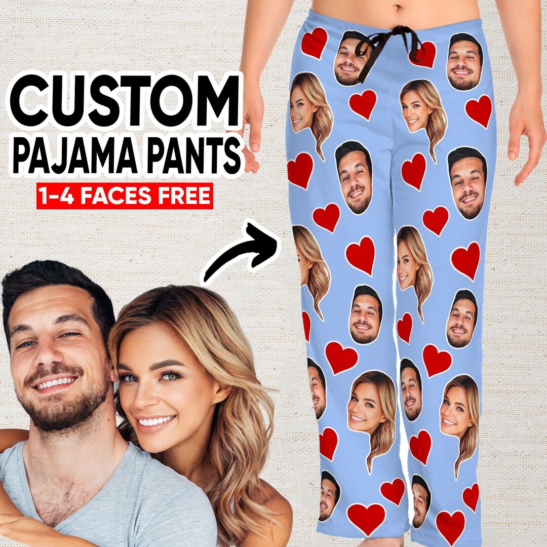 Personalized Photo Pajama Pants, Custom Faces & Hearts Anniversary Gift ...