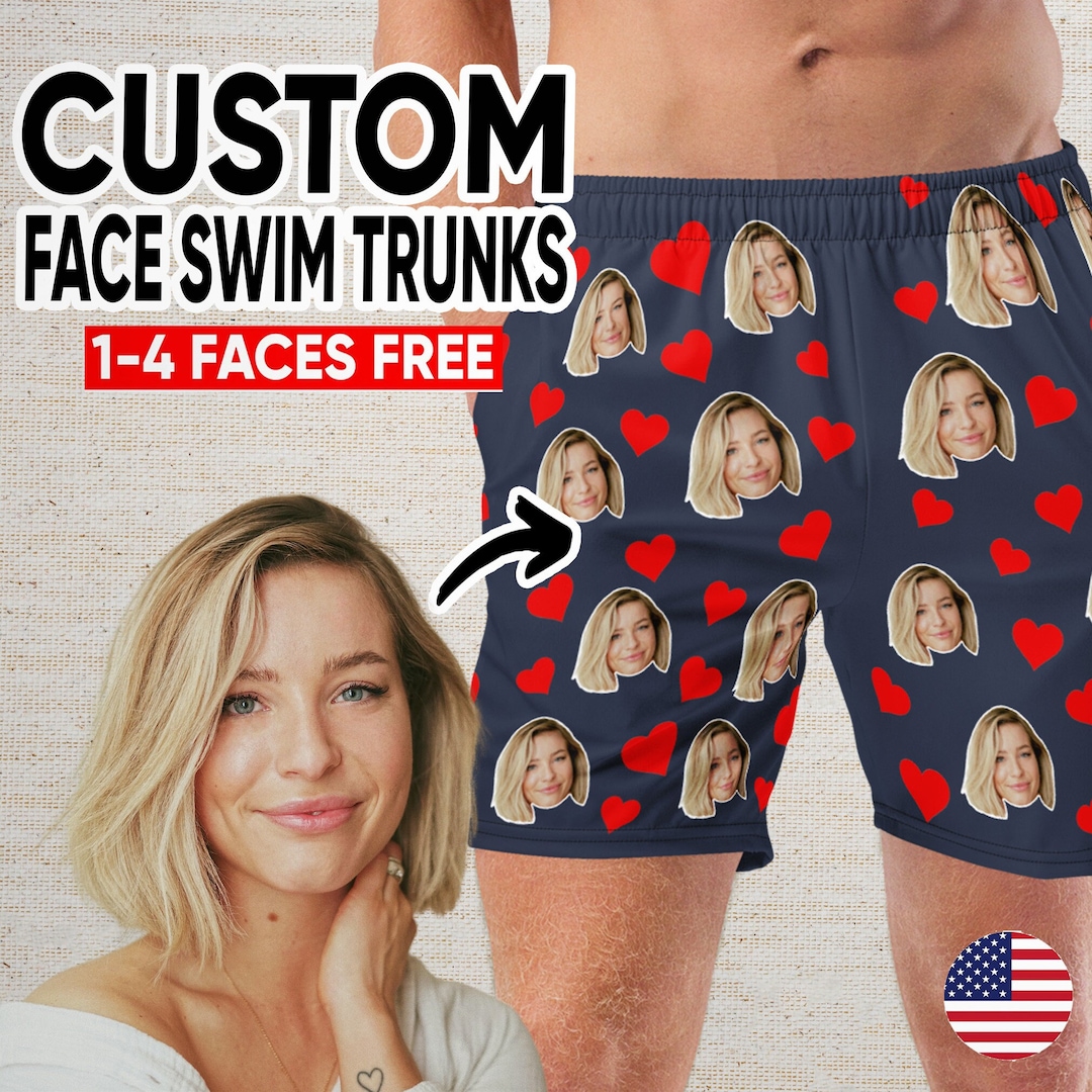 Personalized Beach Shorts With Hearts, Custom Swim Trunks, Face on ...