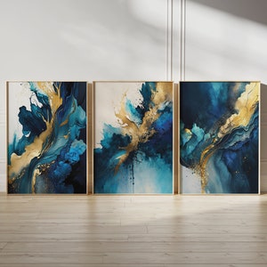 Navy Blue Abstract Wall Art Set of 3 Prints, Gold Home Decor, Set of 3 ...