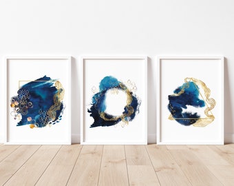 Navy Blue Abstract Wall Art Set of 3 Navy and Gold - Etsy UK