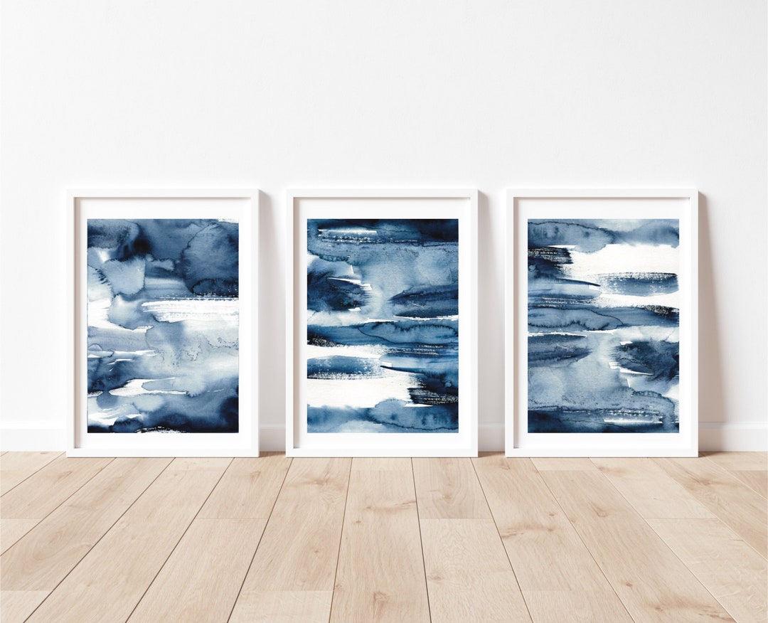 Navy Blue Watercolour Wall Art, Abstract Brush Stroke Prints, Set of 3 ...