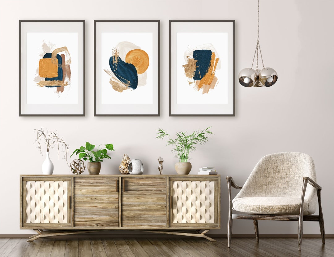 Navy & Orange Abstract Art Prints: Modern Brushstrokes, Set of 3 ...
