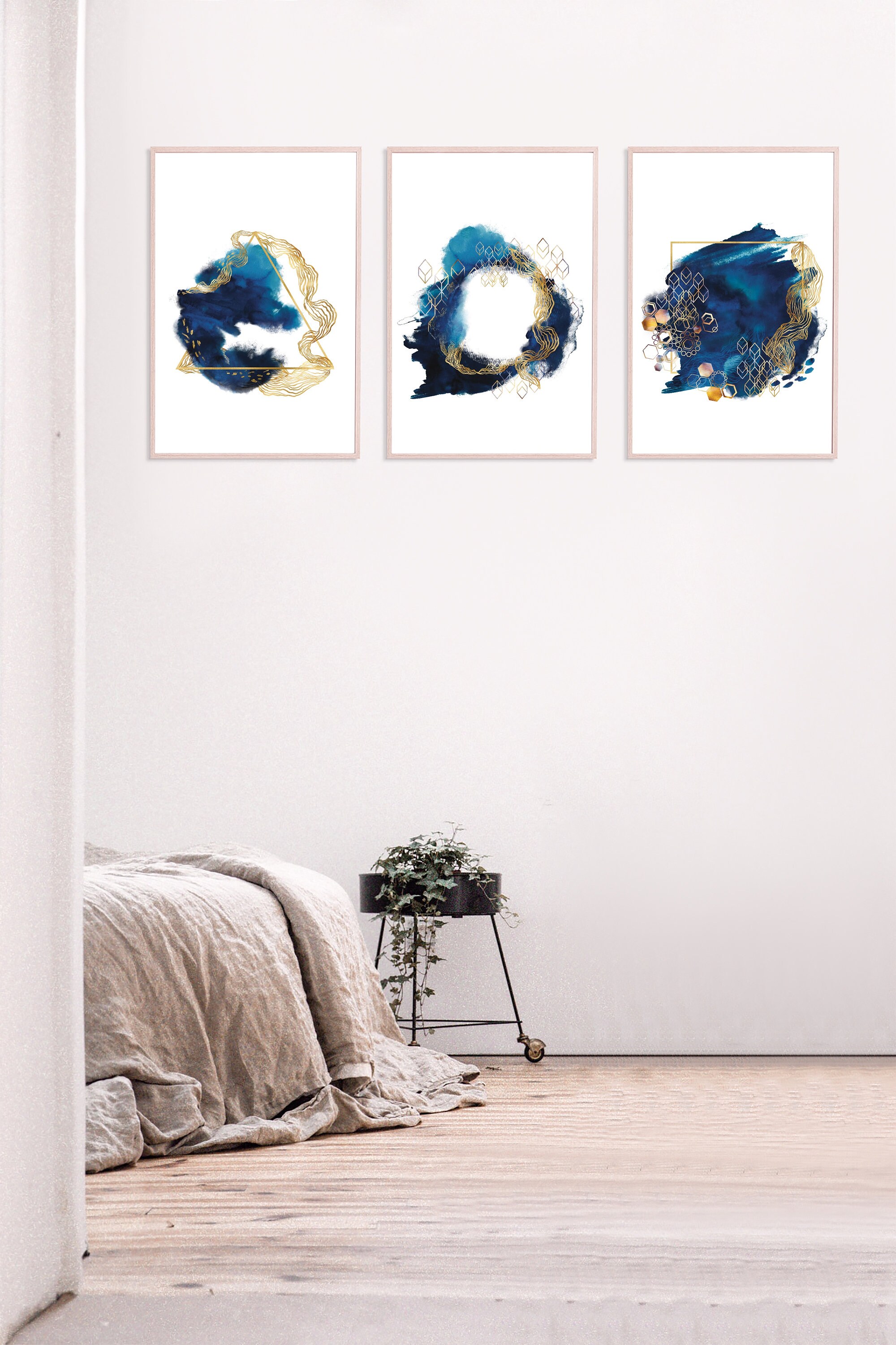 Navy and Gold Geometric Abstract Watercolour Blue Abstract - Etsy UK