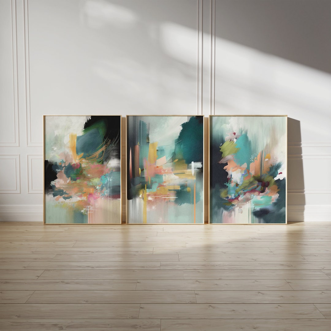 Teal Green Abstract Wall Art Set of 3 Prints Navy Blush Home - Etsy