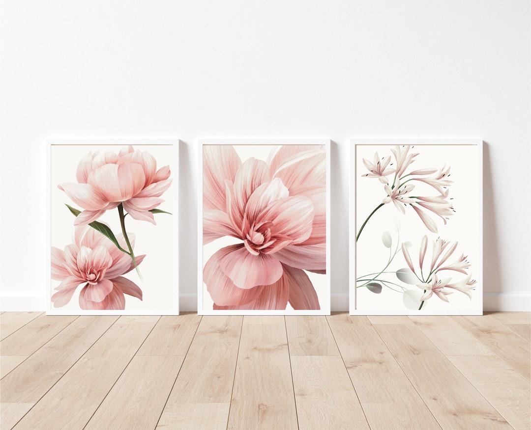 Watercolour Blush Pink and Green Peony Set of Three Floral Shabby Chic ...