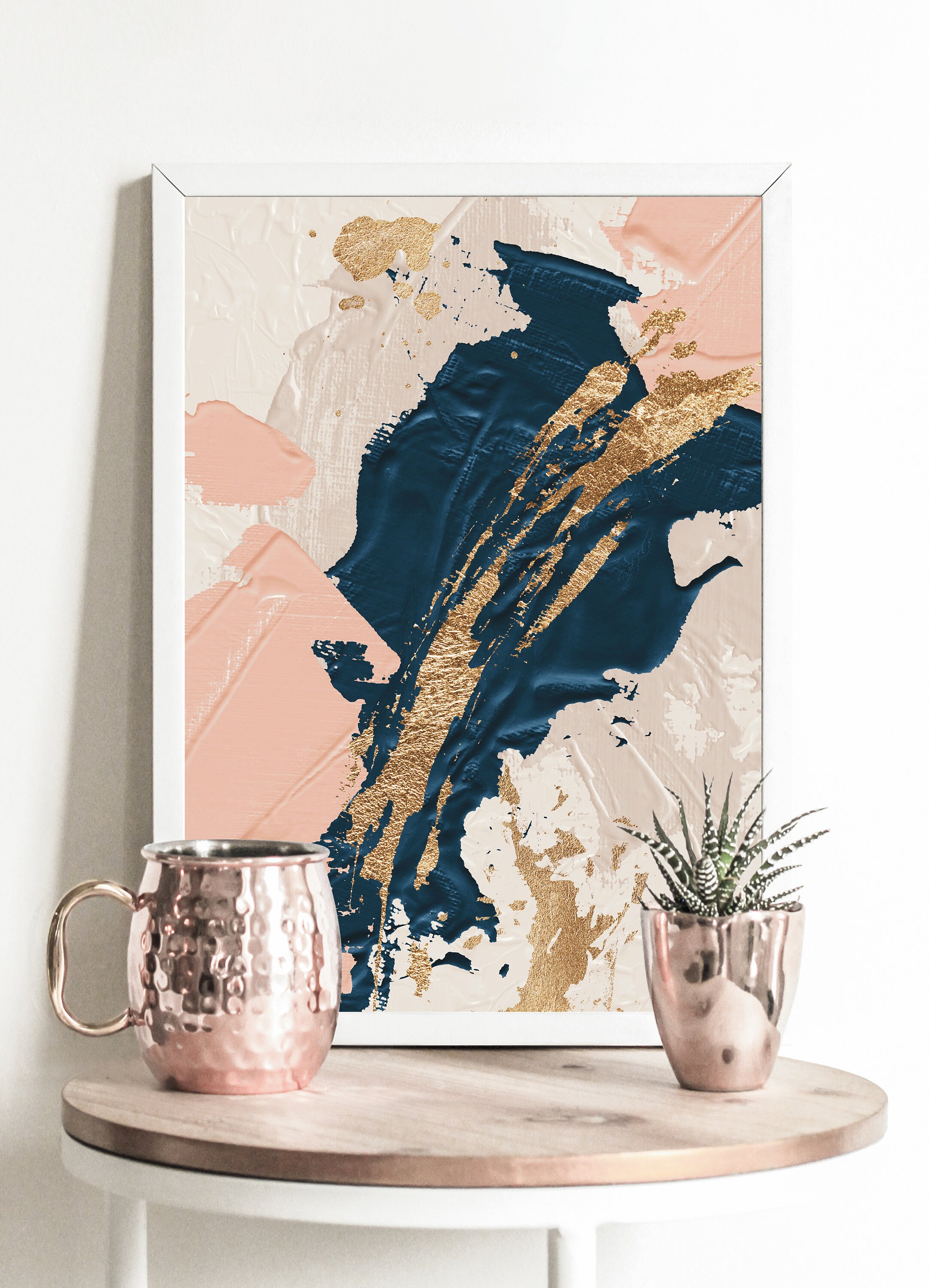 Pink Navy Abstract Wall Art Gold Minimalist Prints - Etsy UK