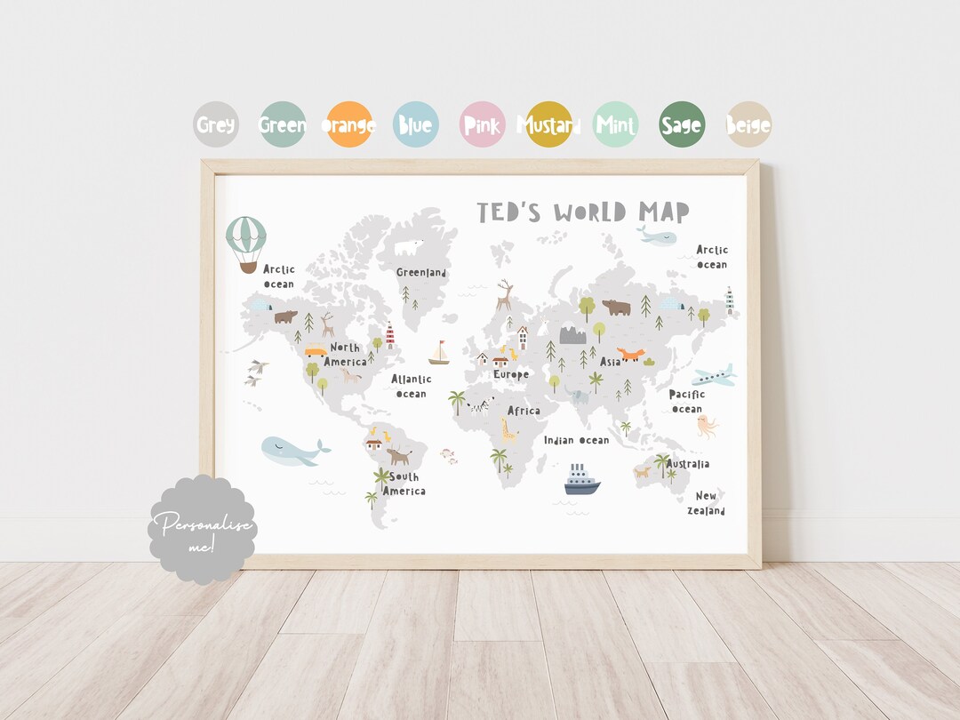 Personalised A2 World Map Print, Custom Name Travel Poster, Educational ...