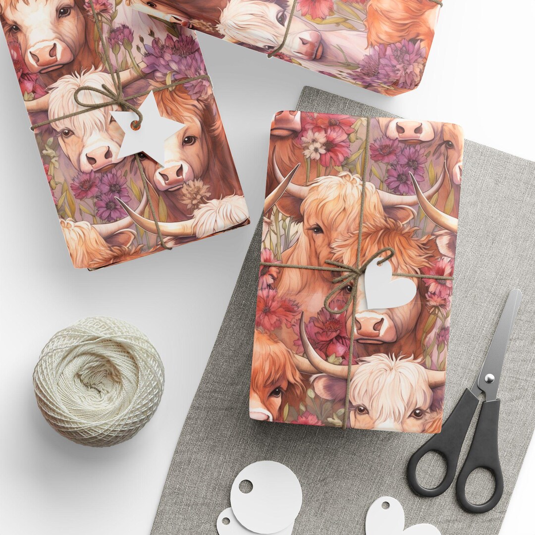 Highland Cow Floral Purple Wrapping Paper Animal Farm Animal Wrapping ...