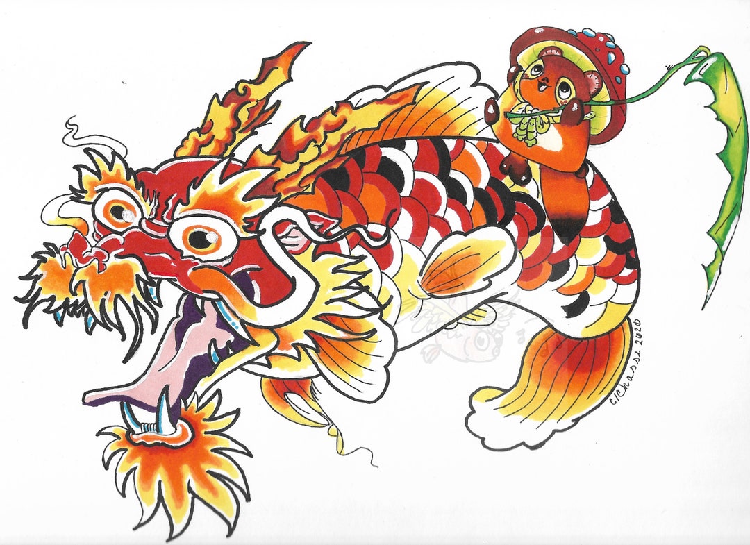 Dragon Sanke Koi and Tanuki/raccoon Dog ORIGINAL Copic Marker Drawing ...