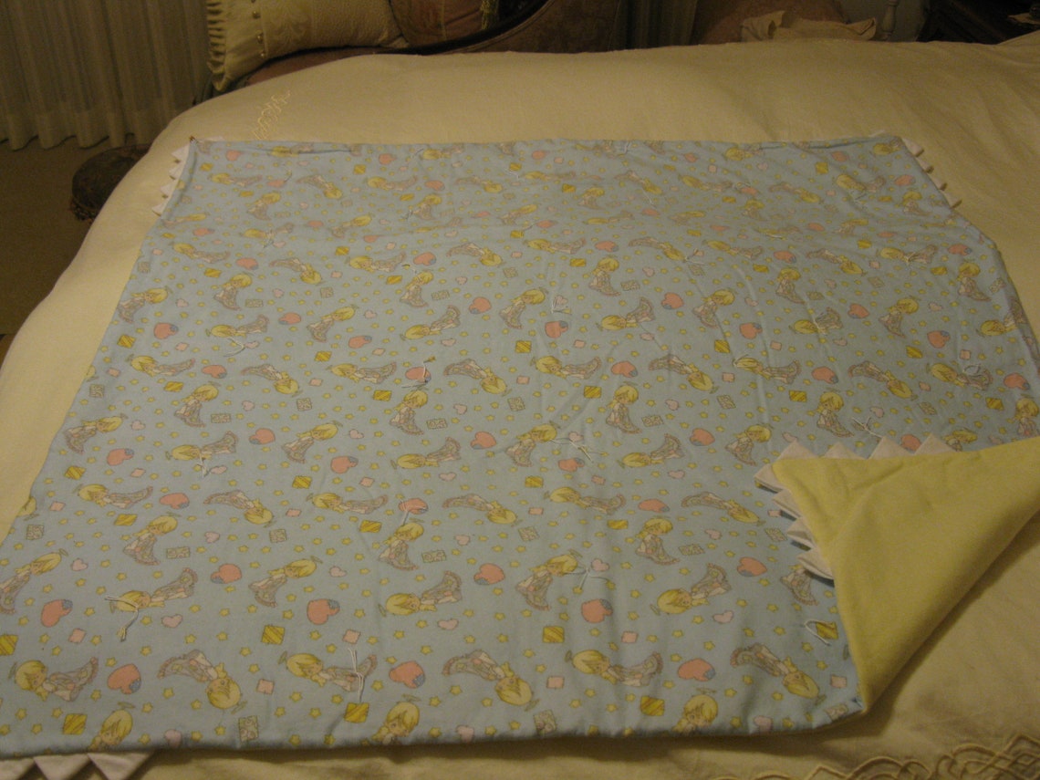 Precious Moments Baby Blanket Handmade Blue With Yellow Backing. - Etsy