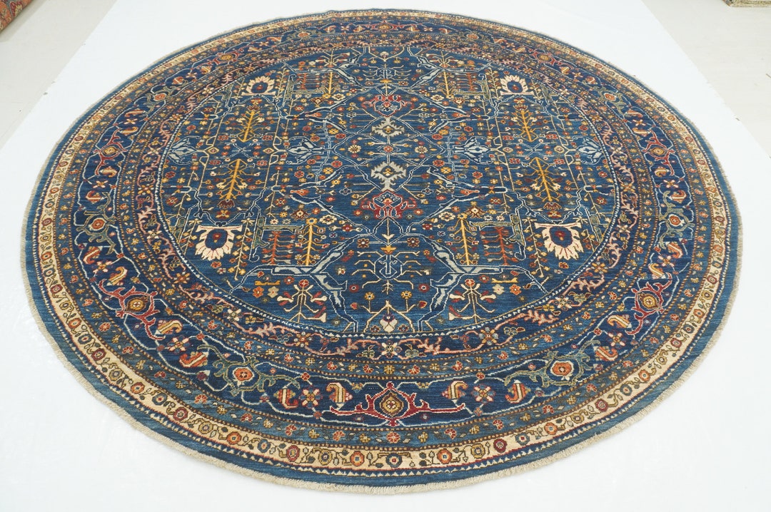 9x9 Blue Bidjar Round Area Rug Persian Style Afghan Hand Knotted Veg ...