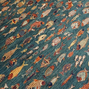 8x10 Fish Gabbeh Area Rug Dark Green Afghan Hand Knotted Vegetable Dyes ...