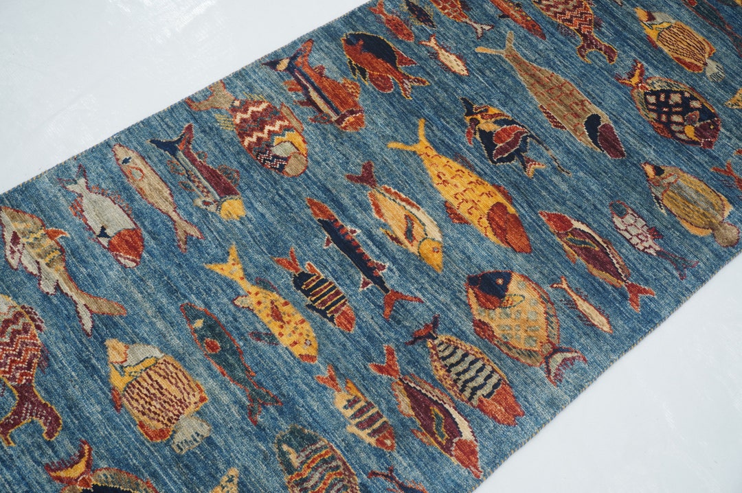 11 Ft Fish Runner Rug Blue Gabbeh Afghan Hand Knotted Veg Dyes Handspun ...