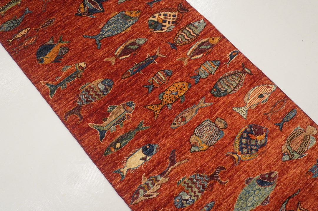 8 Ft Fish Runner Rug Rusty Red Gabbeh Afghan Hand Knotted Veg Dyes Wool ...