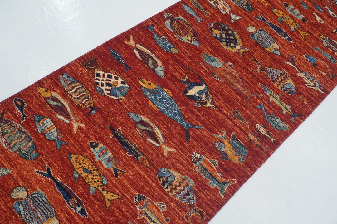 14 Ft Red Fish Runner Rug - Gabbeh Afghan Hand Knotted Veg Dyes Wool ...