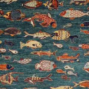 8x10 Fish Gabbeh Area Rug Dark Green Afghan Hand Knotted Vegetable Dyes ...
