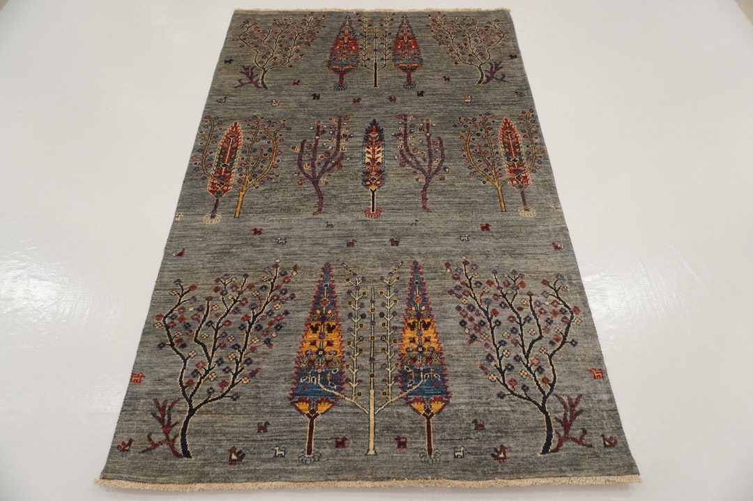 4x6 Tree Gabbeh Rug Blueish Gray Tree of Life Persian Style Hand ...
