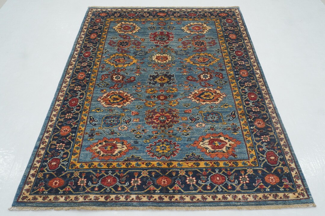 5x6 Blue Oriental Area Rug - Harshang Bidjar Afghan Hand Knotted Veg ...