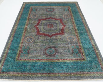 8x10 Turkish Mamluk Area Rug, Turquoise Afghan Hand Knotted Veg Dyes ...