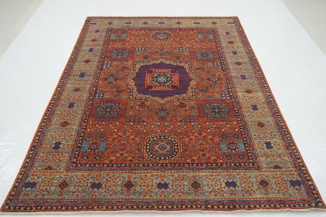 Hand Knotted Rusty Orange Wool Rug – Mamluk Medallion Design (5'11"x8'4 ...