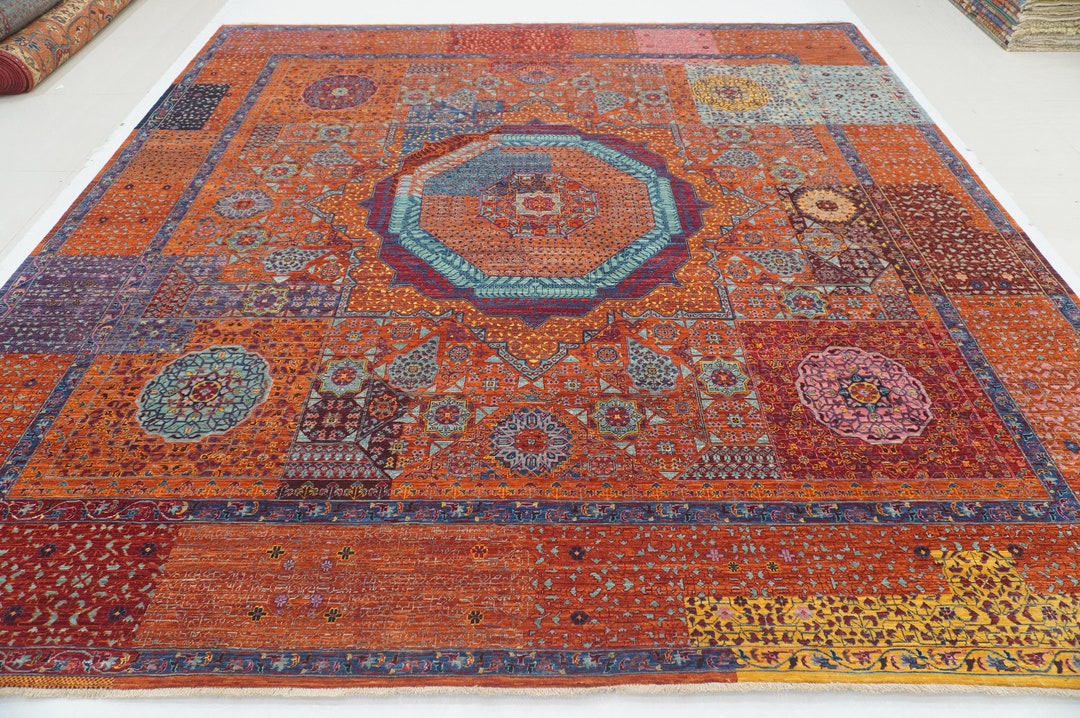 10x10 Rusty Orange Mamluk Square Area Rug - Turkish Fine Hand Knotted ...