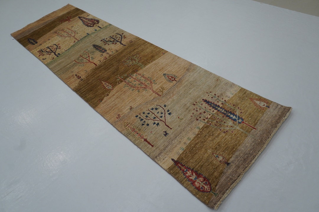 10 Ft Gabbeh Runner Rug Beige Brown Gray Landscape Afghan Hand Knotted ...