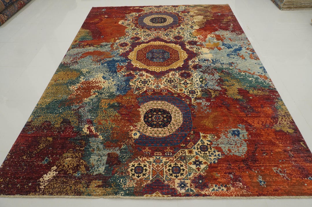 8x11 Beige Modern Mamluk Rug - Hand Knotted Wool Veg Dye Abstract ...