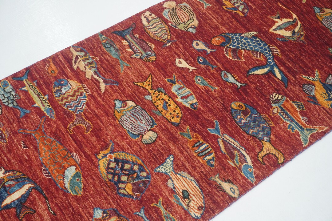 3 X 14 Ft Red Fish Runner Rug Gabbeh Afghan Hand Knotted Veg Dyes Wool ...