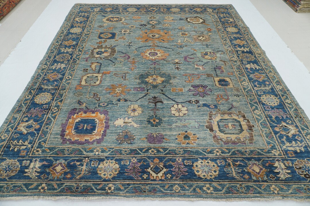 8x9 Muted Blue Turkish Oushak Area Rug - Vintage Wash Hand Knotted Veg ...