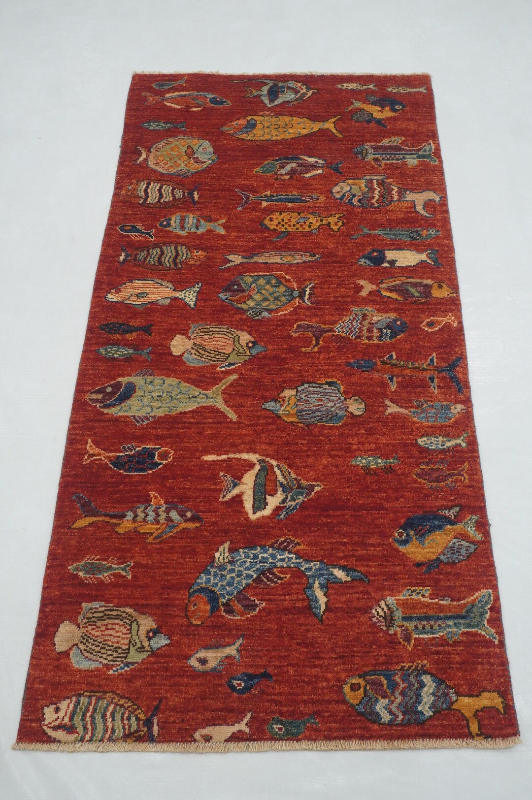 6 Ft Red Fish Runner Rug Gabbeh Afghan Hand Knotted Veg Dyes Wool ...