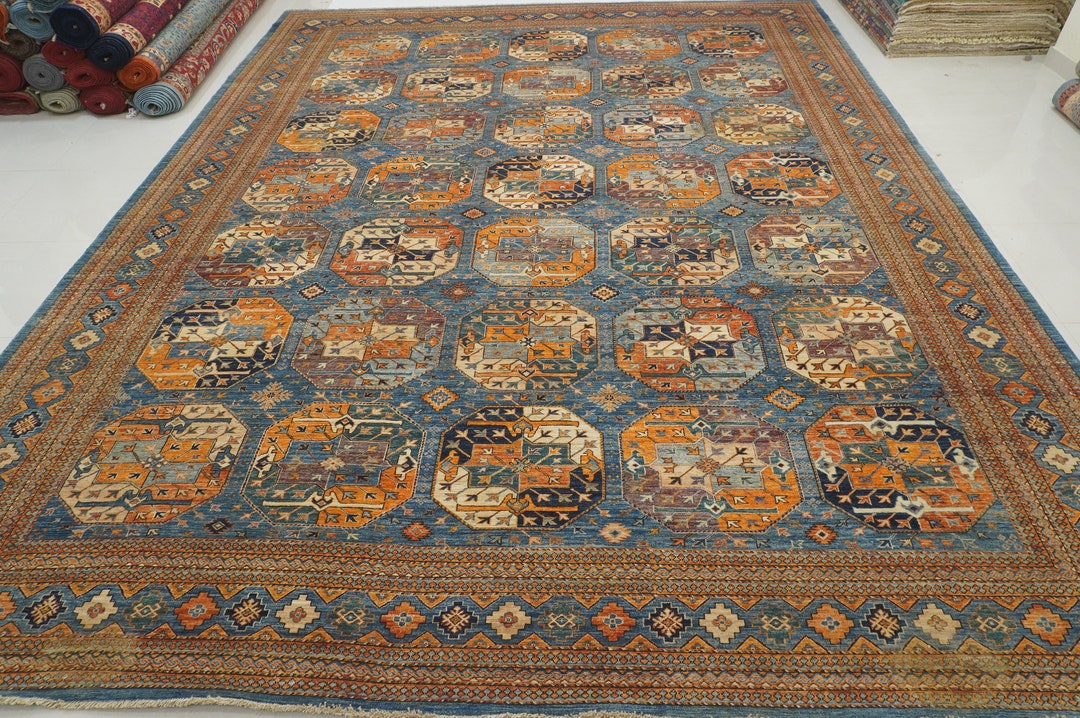 12x15 Blue Vintage Ersari Area Rug - Distressed Style Afghan Hand ...