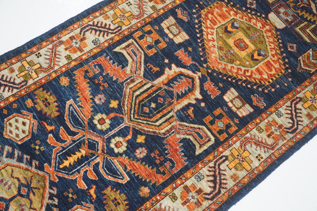 7 Ft Navy Blue Heriz Runner Rug Persian Style Hand Knotted Entryway ...