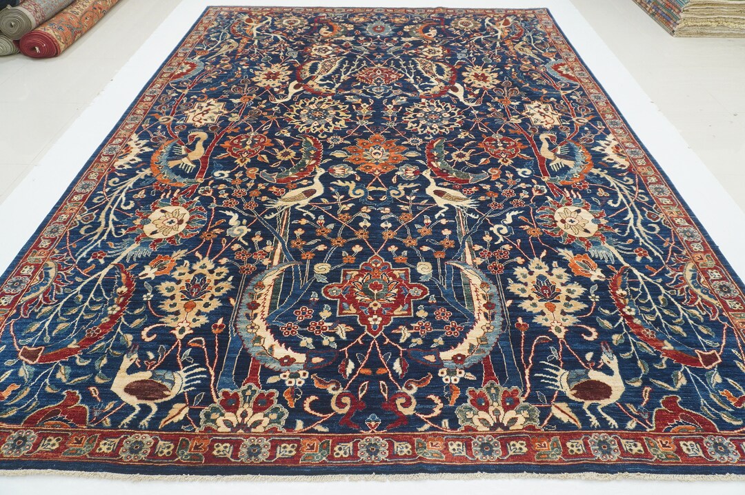 9x12 Navy Blue Bird Rug - Afghan Qashqai Hand Knotted Wool Oriental Rug ...