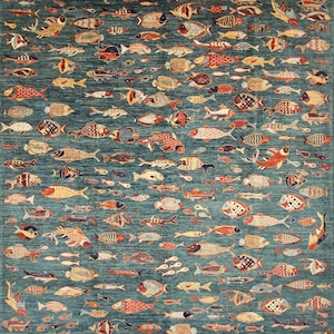 8x10 Fish Gabbeh Area Rug Dark Green Afghan Hand Knotted Vegetable Dyes ...