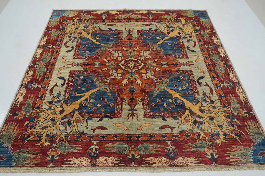 7x7 Blue Bakhtiar Square Tribal Rug - Afghan Hand Knotted Dye Wool ...