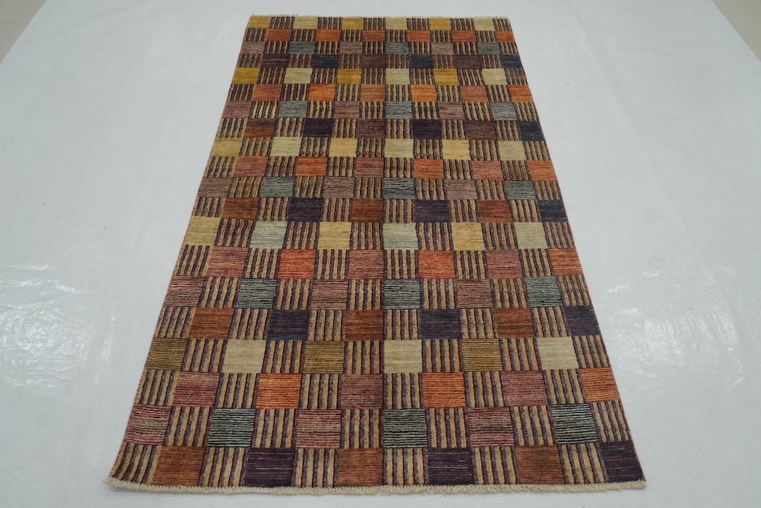 4x7 Modern Weave Box Checkered Area Rug Multicolor Afghan Hand Knotted ...
