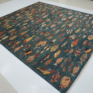8x10 Fish Gabbeh Area Rug Dark Green Afghan Hand Knotted Vegetable Dyes ...