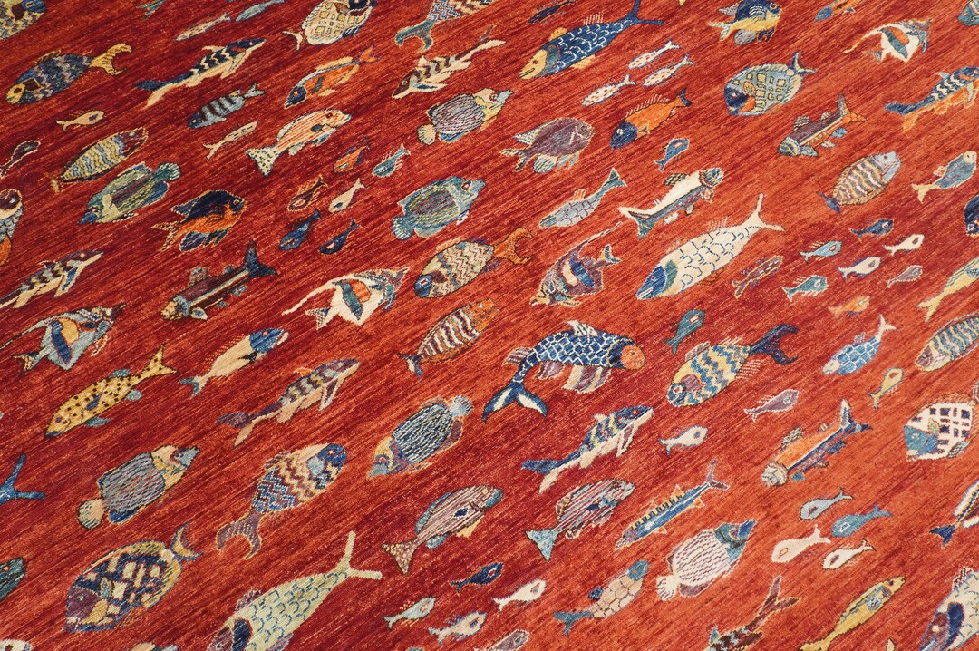 9x11 Deep Red Fish Gabbeh Area Rug - Red Afghan Hand Knotted 100% Veg ...