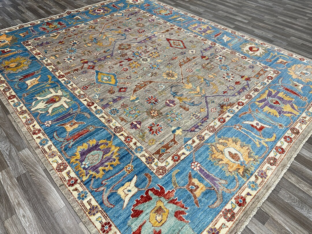 8x10 Oushak Rug Gray Blue Turkish Hand Knotted Plush Wool Veg Dyes Area ...